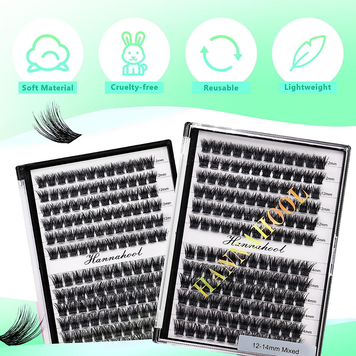 Hannahool 12rows-Large Tray Mixed 8-10-12-14-16mm/Mixed 14-15-16mm/Mixed14mm-16mm/Mixed 18-20mm Wide Stem Individual False Eyelashes Dramatic Black Cluster Eyelashes (mixed 18-20mm)