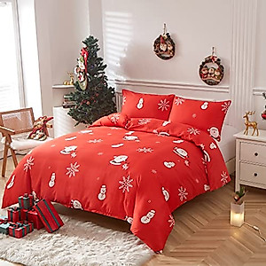 LAMEJOR Christmas Red Duvet Cover Set Queen Size Soft Holiday Decor, Christmas Theme Santa Claus/Snowmen/Snowflakes Pattern, 1 Duvet Cover and 2 Pillow Cases