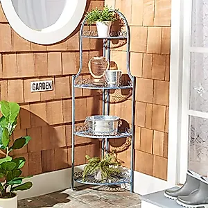 SAFAVIEH PAT5013C Outdoor Collection Abarrane Antique Blue Wrought Iron 4-Tier Corner Shelf