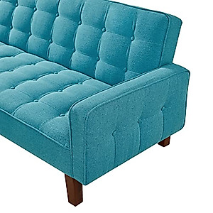 Melpomene Futon Sofa Convertible Couch Bed, Modern Button Tufted Linen Folding Sofa Sleeper with Wood Legs for Living Room Bedroom,Blue