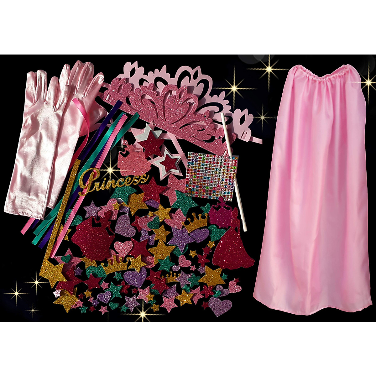 2Pepers Make Your Own Princess Craft Kit, Arts and Crafts for Girls, DIY Princess Dress Up Set, Kids Crafts Project- Cape, Tiara, Wand, Necklace and Gloves, Princess Toys Pretend Play Gifts for Girls