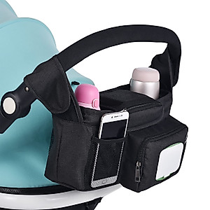 Hakofrik Universal Baby Stroller Organizer, Stroller Caddy with 2 Insulated Cup Holders Fits Almost All Stroller and Pushchair. Easy Access Wipe Holder, Free Shoulder Strap with Soft Cushion.