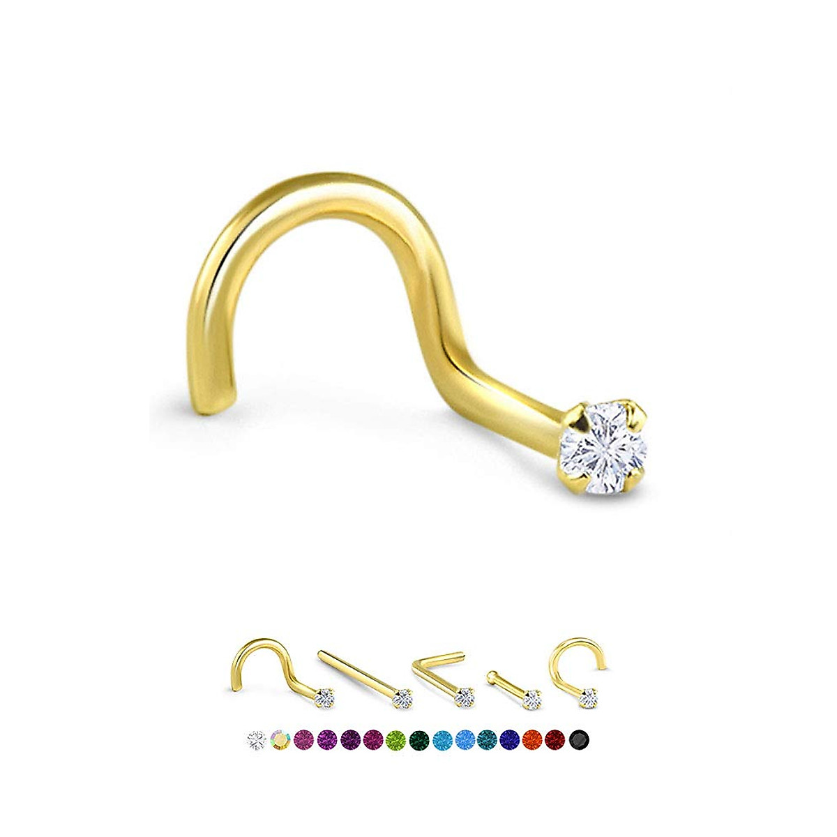 Yellow Gold Plated 925 Sterling Silver Nose Stud Bone Ring 3mm Prong Clear CZ 22G