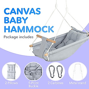 CaTeam - Canvas Kids Swing with Stand, Wooden Hanging Swing Seat Chair with Safety Belt, Durable Toddler Swing Chair, Outdoor and Indoor Swing for Kids, Blue Gray