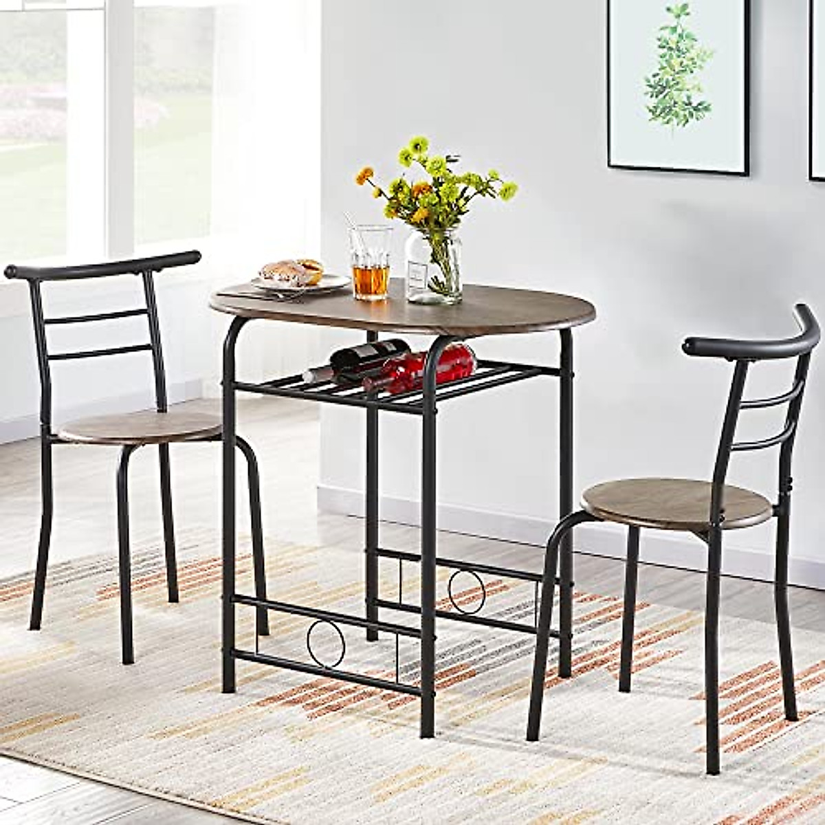 Yaheetech 3 Piece Dining Table Set, Kitchen Table & Chair Sets for 2, Compact Bistro Table Set with Steel Legs, Built-in Wine Rack for Small Space, Apartment, Breakfast Nook, Drift Brown
