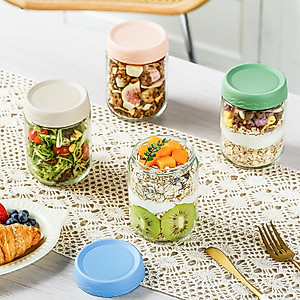 DRKIO 16 Oz Overnight Oats Containers with Lids - 4 Pack Glass Storage Jars with Airtight Lids Wide Mouth Mason Food Jars Great for Meal Prep Salad Chia Pudding Snacks Yogurt Sugar Spice Cereal