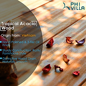 PHI VILLA Outdoor Wood Table Bench Set for 3, 1 Wood Dining Table & 1 Wooden Bench, Acacia Wood Patio Furniture Set for Porch Yard Deck, Teak Color