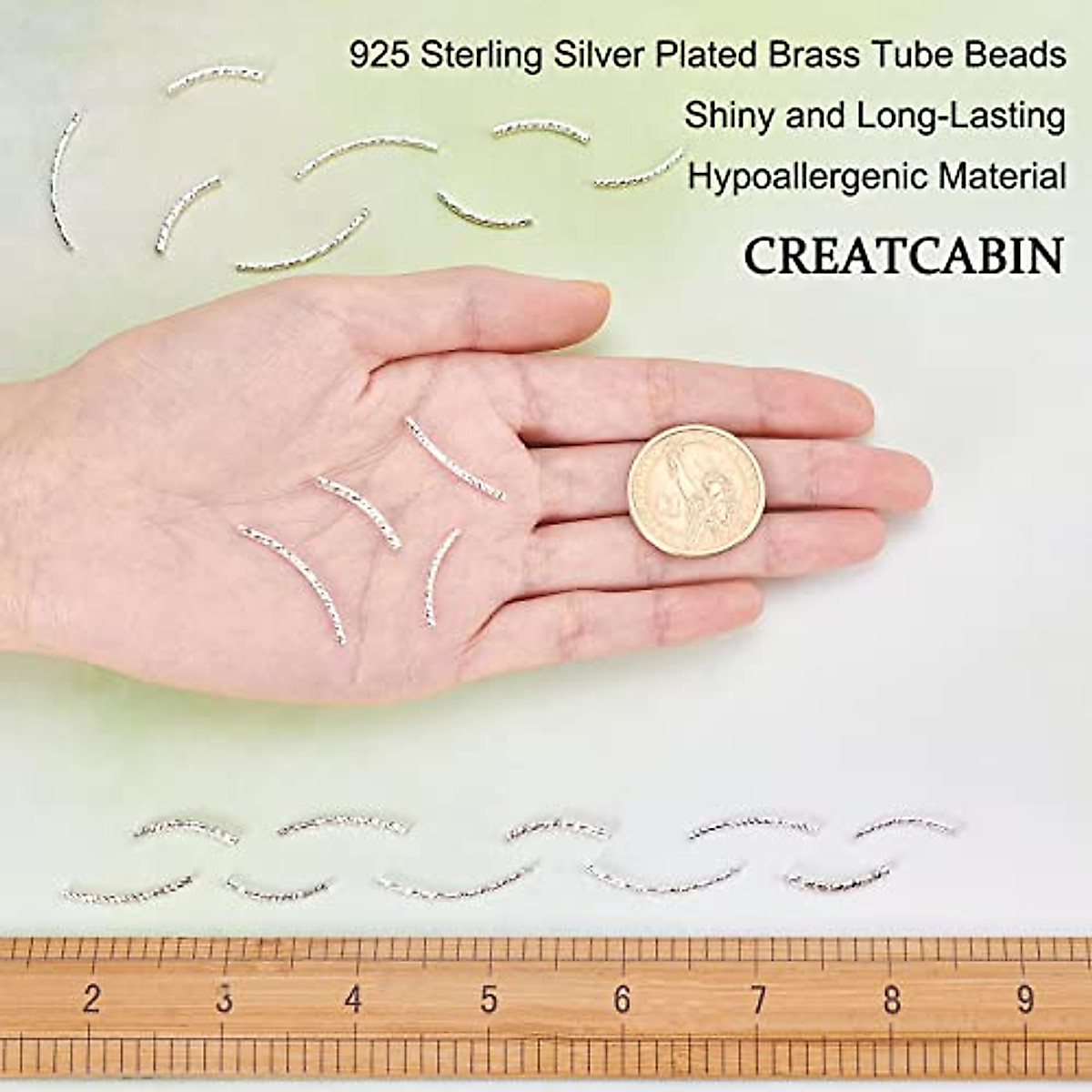 CREATCABIN 40Pcs 925 Sterling Silver Curved Tube Beads Brass 4 Sizes Noodle Tube Sleek Twist Bead Plated Long Large Hole Spacer 1 Box for DIY Jewelry Making Bracelets Findings
