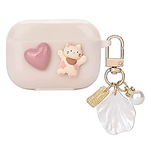 Cute Kawaii AirPods 3 Case with Shell Pearl Keychain Love Heart Cat Design Silicone TPU Cover Compatible with AirPods 3rd Generation Case for Women and Girls