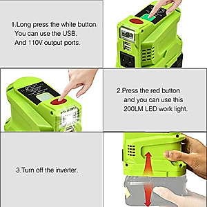 Portable Power Inverter for Ryobi 18V Battery 200LM LED Flashlight 150W Inverters Generator Power Source for 18V 2 USB AC Output, DC 18V to AC 110~120V（Tool ONLY） Green