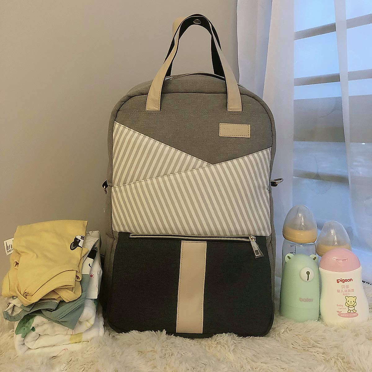 YILANE Diaper Backpack for Mom Daily Outing, Baby Bags for Mom USB Charging Port with Changeable Stroller Straps, Diaper Pad & Extra Bottle Cooler (Gray)