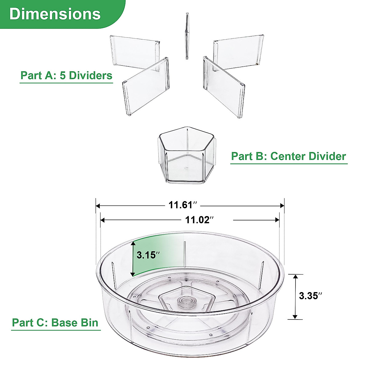 DIHUMK Lazy Susan Turntable Organizer for Cabinet Refrigerator and Pantry Countertop with Clear Large Spice Rack 2-Pack 11.6''