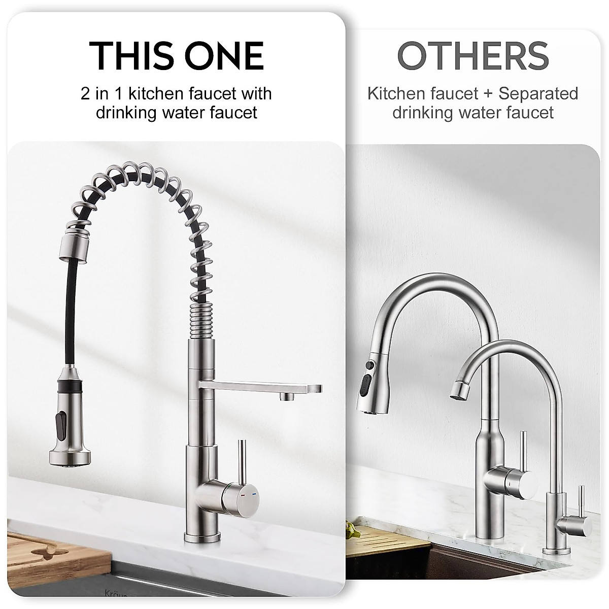 CREA 3 in 1 Kitchen Faucets with Drinking Water Faucet Spout,High arc Spring Gooseneck Commercial Single Handle Kitchen Faucet with Pull Down Sprayer,Water Filter Faucet for Kitchen Sink Bar RV Camper