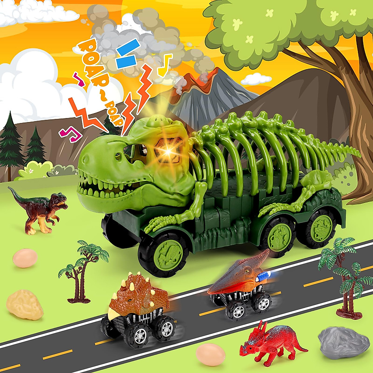 Dinosaur Trucks Toys for 2+ 3 4 5 6 Year Old Boys Birthday Gift Transport Carrier Car Vehicles Toddlers 3-5 with Sound Light, Dino Figure& Eggs Monster Truck Game Dinosaur Play Set for Kids 4-6 Girls