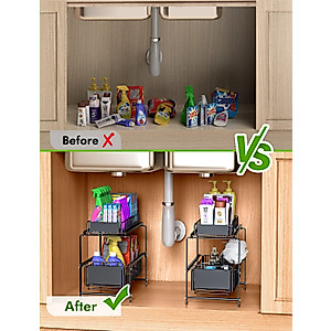 Docusvect Under Sink Organizer, 2-Tier Metal Under Cabinet Sliding Storage, Under Kitchen Sink Organizer, Under Sink Organizers and Storage with Hooks, Organizer for Bathroom Kitchen (Steel-1Pack)