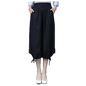 Shanghai Story Women Linen Elastic Waistband Wide Leg Capri Pants Black XL