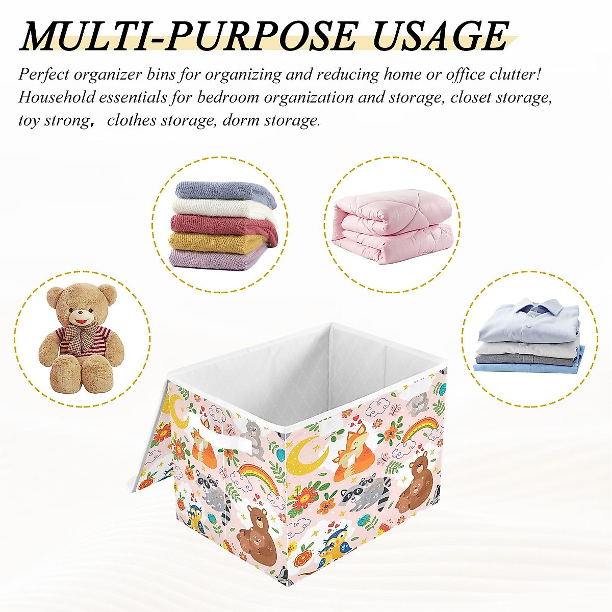 Lidded Home Storage Bins Cute Bunny in The Garden Pattern Double Handle Foldable Storage Basket Flip-Top Storage Box for Toys Clothes Documents