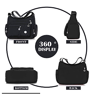 Nylon Crossbody Bags for Women Multiple Pockets Shoulder Purses Small Ladies Satchel Purse with Adjustable Strap Black