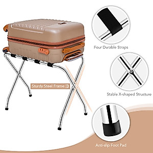 MAT EXPERT Folding Luggage Rack, No Assembly Required, 180lbs Capacity Luggage Holder w/ Nylon Straps & Non-slip Footpads, Chrome Suitcase Stand for Guest Room Home Bedroom Hotel, Set of 4, Silver