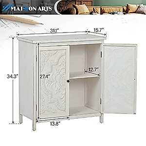 MAISON ARTS White Accent Cabinet with 2 Doors Sideboard Buffet Storage Cabinet Decorative Distressed Cabinet with Carved Pattern Doors for Bedroom Living Room Kitchen Farmhouse, White Embossed Flower