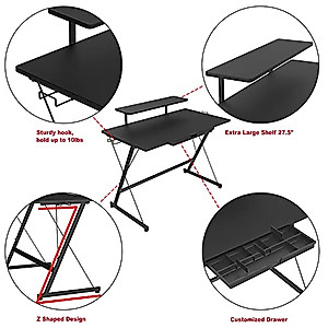 SHW 40 Inches Vista Desk with Monitor Riser, Drawer and Hooks
