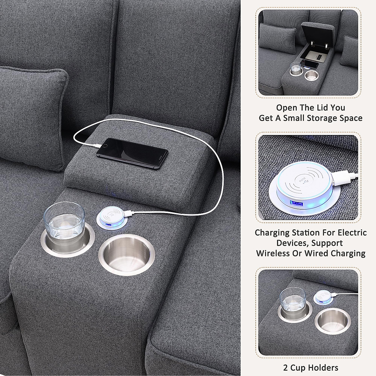 Tmsan 114.2" Modular Sectional Sofa Couch for Living Room Apartment, Modern Linen Upholstered Couch with 2 Cup Holders & 2 USB Charging Ports & 4 Pillows & 3 Storage Pockets, 4-Seat (Dark Grey)