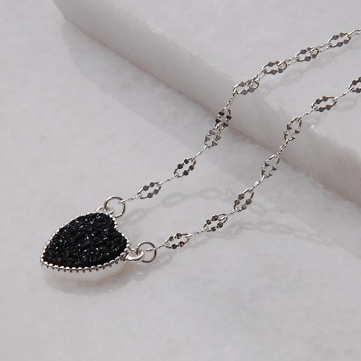 Humble Chic NY Black Heart Necklace, Silver Tone - Women's Preppy Black Necklace, Simulated Druzy Chain, Black Pendant