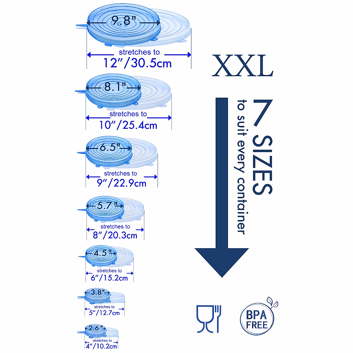longzon Silicone Stretch Lids 14 Pack Include 2Pcs XXL Size up to 9.8'' Diameter, Reusable Durable Food Storage Covers for Bowl, 7 Different Sizes to Meet Most Containers, Dishwasher & Freezer Safe