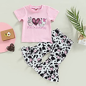 Western Baby Girl Outfits Funny Letter T Shirt Top+Cow Print Long Flare Pants Set Summer Spring Clothes 2Pcs (Pink Peace Love Moo, 18-24 Months)