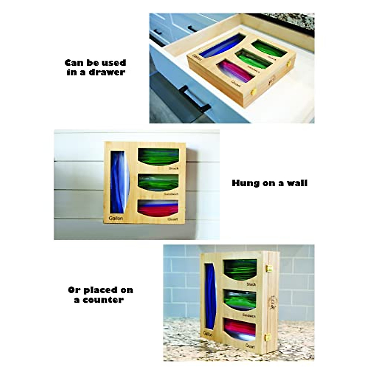 Ziplock Bag Organizer - Stylish Bamboo Zip Lock Storage Organization For Your Kitchen Drawers Cabinet Or Pantry - Wall Mount With Hinge Open Lid And Compression Clasps Great For A Gift