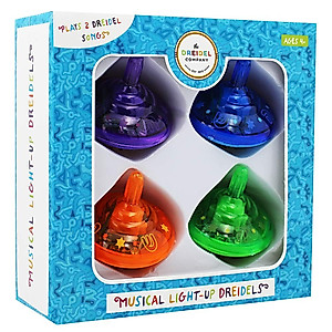 The Dreidel Company Hanukkah Musical Light-Up Dreidel Spinning Tops Set, Plays 2 Classic Hanukkah Songs, Assorted Colors (4-Pack)