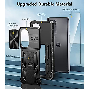 FNTCASE Military Grade Moto Edge 2022 Case: Shockproof TPU, Sturdy Kickstand & Camera Slide Cover - Black