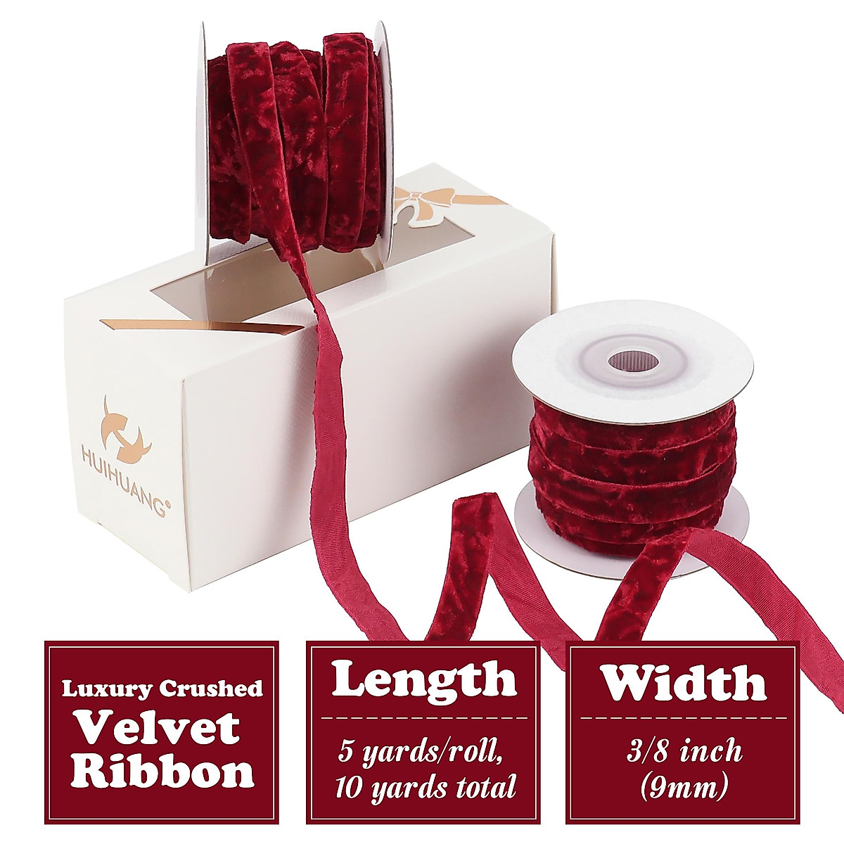 HUIHUANG Red Velvet Ribbon 3/8" Crushed Velvet Ribbon for Christmas Tree Ornaments, Gift Wrapping, Wreath Decoration, Invitations, Holiday Home Decor, Bows -10 Yards