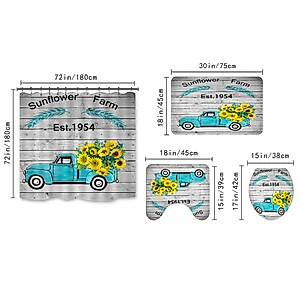Dexsawoi 4pcs Rustic Sunflower Truck Shower Curtain Set with Non-Slip Sunflower Carpet, Toilet lid, and Bath mat. Bathroom Curtain with 12 Hooks 72 x 72 inches