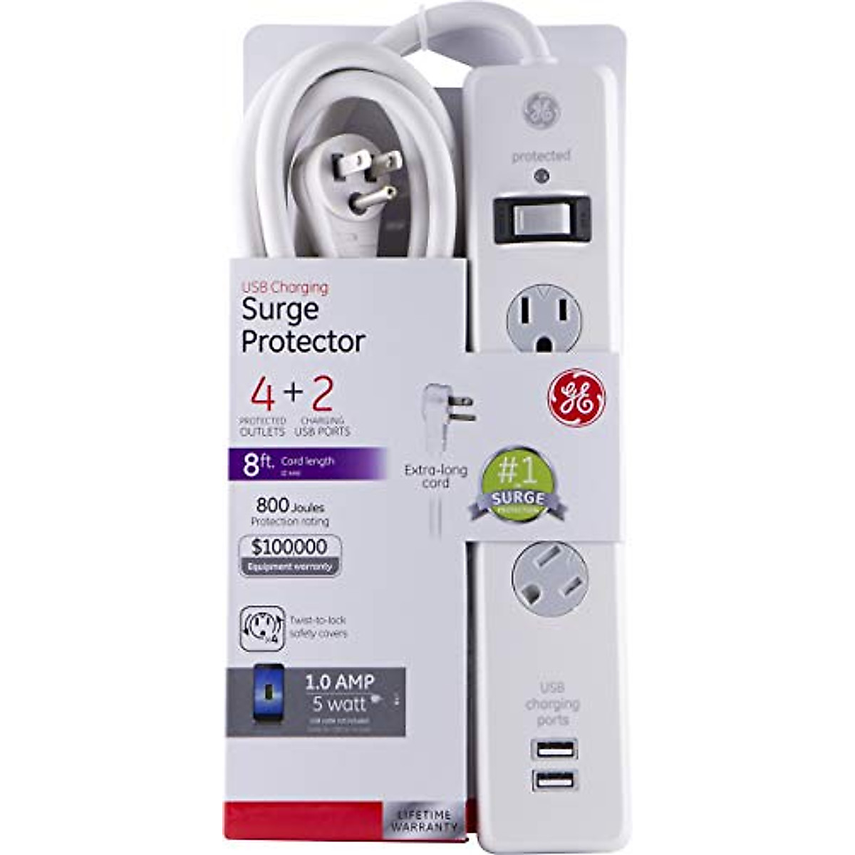 GE Surge Protector, 4 Outlets 2 USB Ports, Extra Long 8ft. Power Cord, White, 25798