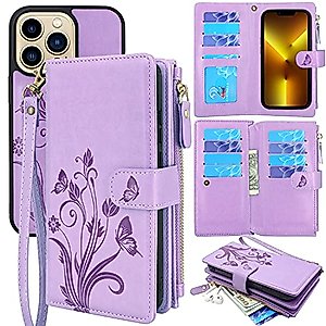 Lacass Compatible with iPhone 13 Pro 6.1 inch 2021 Case [Card Slots] ID Credit Cash Holder Zipper Pocket Detachable Magnet Leather Wallet Cover Wrist Strap Lanyard (Floral Light Purple)