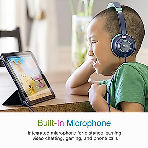 MEE audio KidJamz KJ45 Children’s Safe Listening Headphones with Volume Limiter & Microphone, Adjustable On-Ear Kids Headset Wired with 3.5mm Jack for Online Learning/School/Travel/Tablet (Blue/Teal)