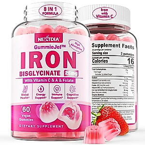 Iron Gummies Supplement - Vegan Iron Bisglycinate Filled Gummies with Vitamin C, Folate - Blood Builder, Energy Support for Iron Deficiency - Iron Gummies for Women, No After Taste, Strawberry Flavor