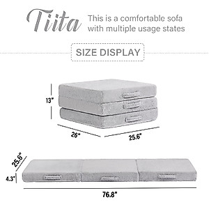 Tiita Tri Foldable Floor Mattress for Adults, 4 inch Single Folding Mattress with Washable and Removable Cover for Camping, Living Room, Guest Room, Plush Grey