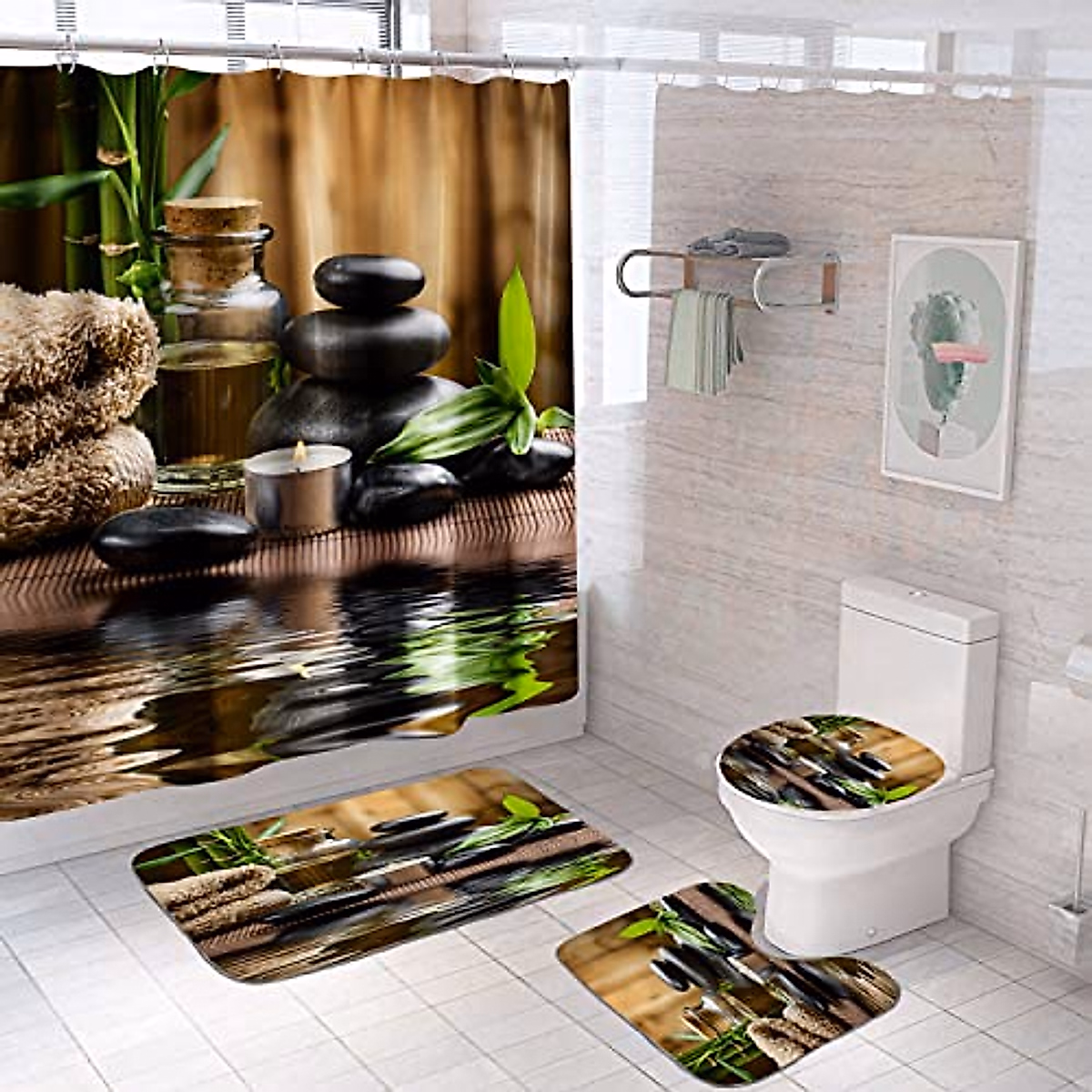 BUSOIYOU 4 Pcs Zen Stone Shower Curtain Sets with Rugs , Meditation Design Waterproof Fabric Bathroom Shower Curtain，with Non-Slip Rugs Toilet Lid Cover and Bath Mat Bathroom Set 72" x 72"