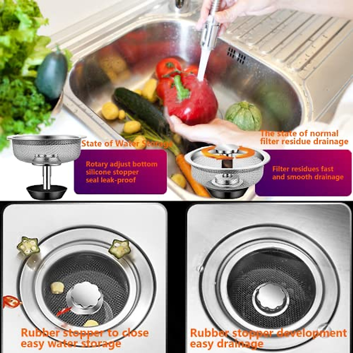New Kitchen Sink Strainer, 2 Pack Stainless Steel Sink Drain Strainer with Upgraded Telescoping Handle Rubber Stopper, Stainless Steel Universal Anti-clog Kitchen Sink Strainer Sieve Basket Strainer