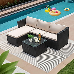 Flamaker Outdoor Patio Furniture Set Wicker Patio Sofa 3 Pieces Conversation Set Rattan sectional Sofa with Adjustable Seat for Balcony Porch Backyard, Beige