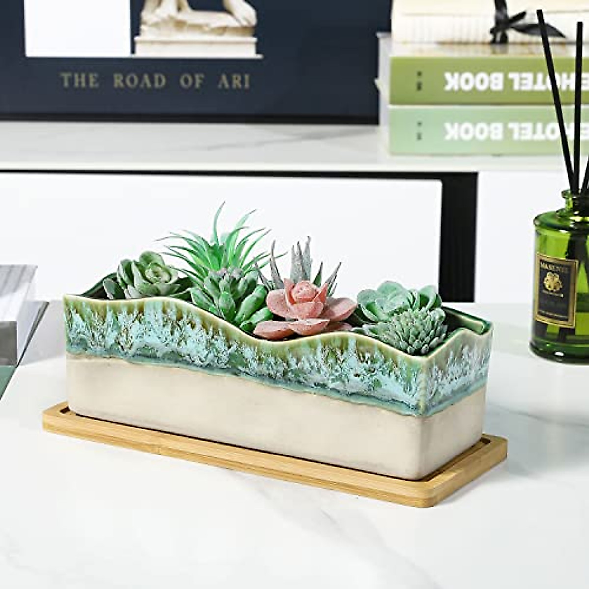 MyGift Rectangular Succulent Planter - Decorative Beige and Green Ceramic Glazed Plant Container Pot with Removable Bamboo Tray