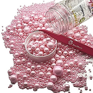 SE Si&Moos Edible Pearls for Cake Decorating Sugar Pearls Pink Pearl Sprinkles Pink Cookie Decorating Peals 3.5 oz with 1 Pair of Tweezers