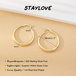 STAYLOVE Big Thick Gold Hoop Earrings for Women 14K Real Gold Plated Classic Lightweight Chunky Gold Hoops Hypoallergenic Hoop Earrings with 925 Sterling Silver Post, 30MM