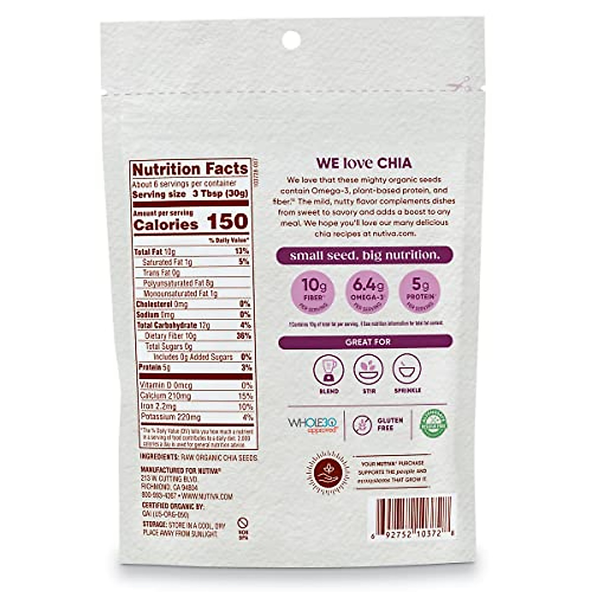 Nutiva Organic Premium Raw Black Chia Seeds, 6 Oz, USDA Organic, Non-GMO, Whole 30 Approved, Vegan, Gluten-Free & Keto, Nutrient-Dense Seeds with 3g Protein & 5g Fiber for Salads, Yogurt & Smoothies