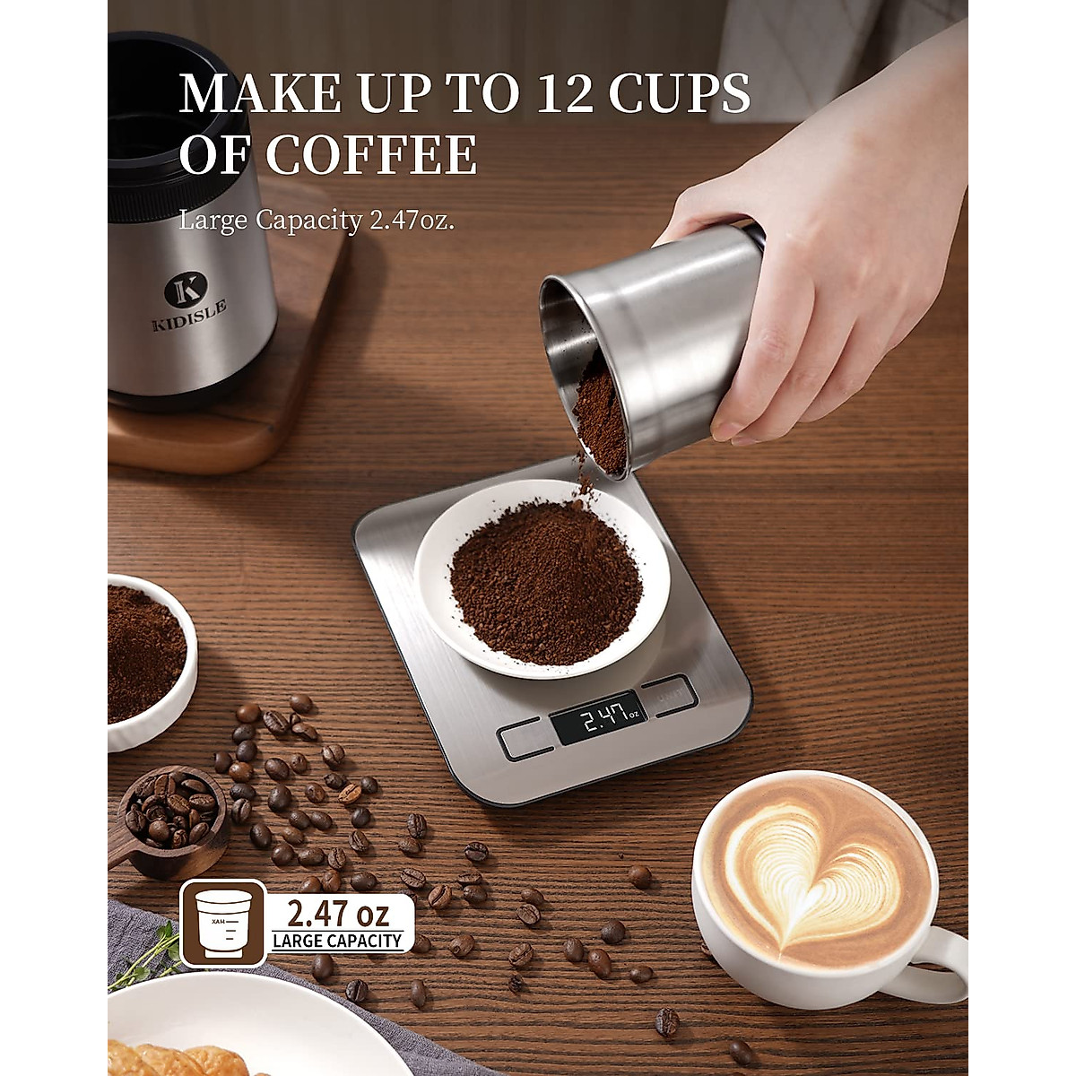 KIDISLE Coffee Grinder Electric, Herb Grinder, Spice Grinder, Coffee Bean Grinder, Espresso Grinder with 2 Removable Stainless Steel Bowl,Silver
