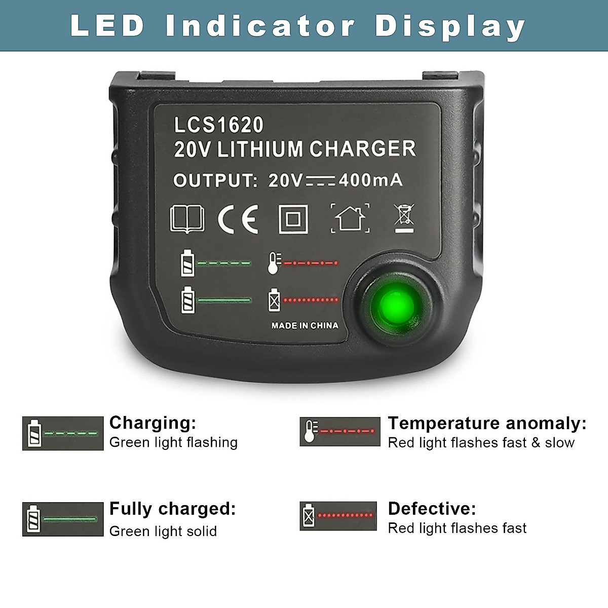 KUNLUN LCS1620 20V Lithium Battery Charger - Compatible for Black & Decker 16V 20V Lithium Battery LBXR20 LBXR20B LBXR20-OPE LB20 LBX20 LBX4020 LB2X4020 LBXR2020-OPE BL1514 LBXR16 LST220