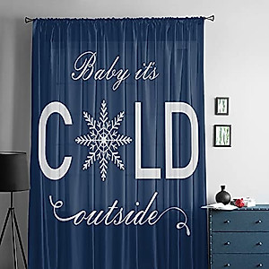 Sheer Curtains Light Filtering Window Curtains 45 inch Length, Christmas Semi Sheer Curtain Panel Voile Drapes for Kitchen/Bedroom/Living Room/Sliding Door 52"x45" Cold Winter Snowflakes Blue Backdrop