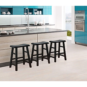 eHemco Heavy-Duty Solid Wood Saddle Seat Kitchen Counter Height Barstools, 24 Inches, Black, Set of 3